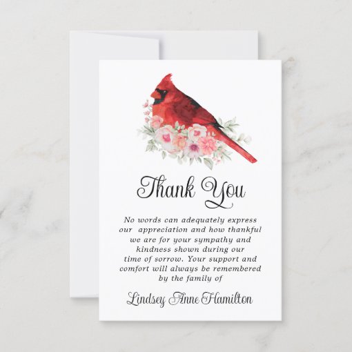 Memorial Cardinal Watercolor Flowers Thank You | Zazzle