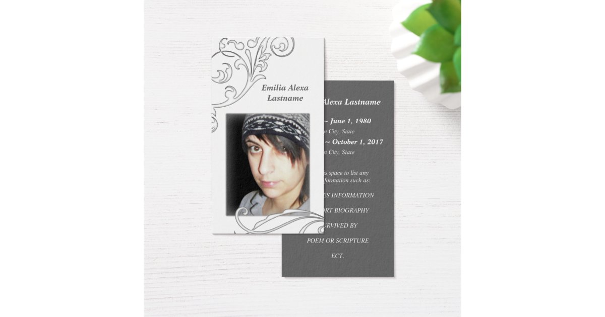 memorial cards white flourish | Zazzle