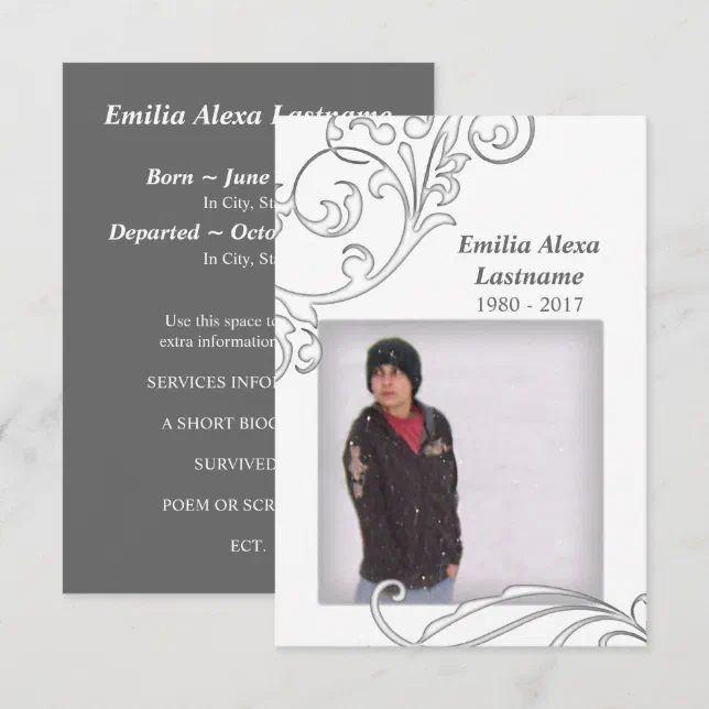 memorial cards : white flourish | Zazzle