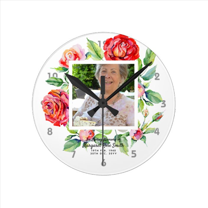 Memorial Clock PHOTO Loving Memory Roses | Zazzle
