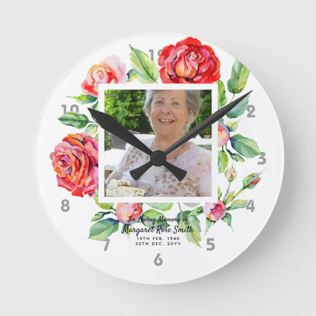 Memorial Clock PHOTO Loving Memory Roses | Zazzle