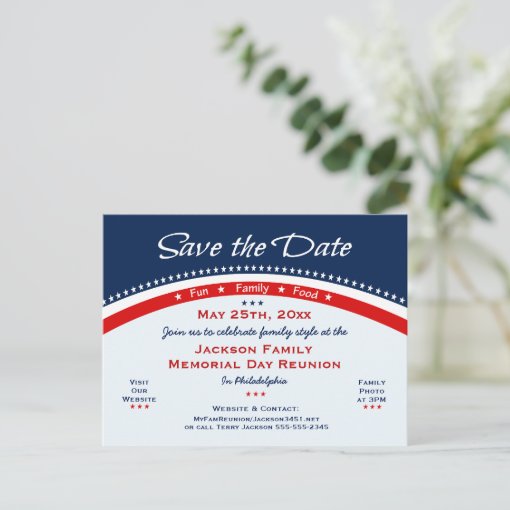 Memorial Day Family Reunion, Party, Save the Date Announcement Postcard ...