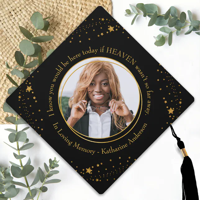 Memorial Elegant Graduate Custom Photo Gold Stars Graduation Cap Topper ...
