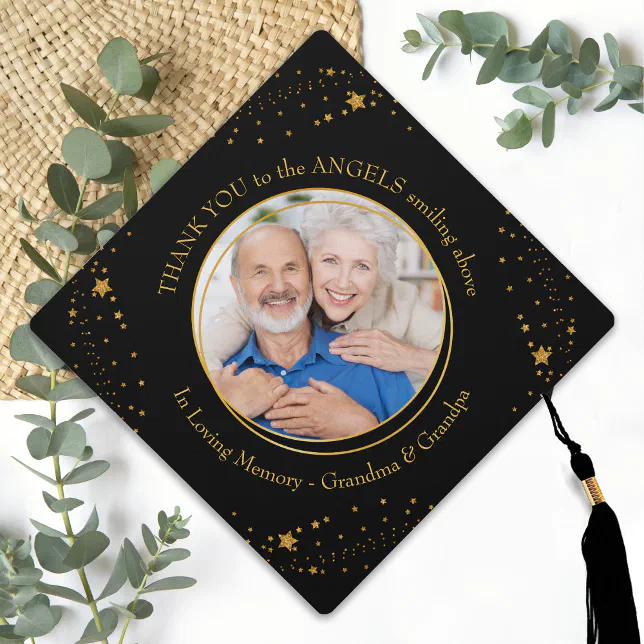 Memorial Elegant Graduate Gold Stars Custom Photo Graduation Cap Topper ...