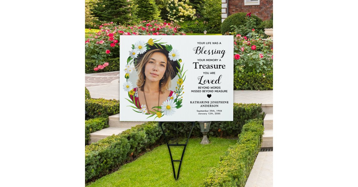 Memorial Floral Daisy Custom 2 Photo Cemetery Sign | Zazzle