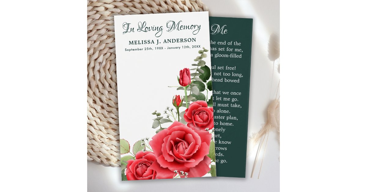 Memorial Floral Red Roses Funeral Prayer Card | Zazzle