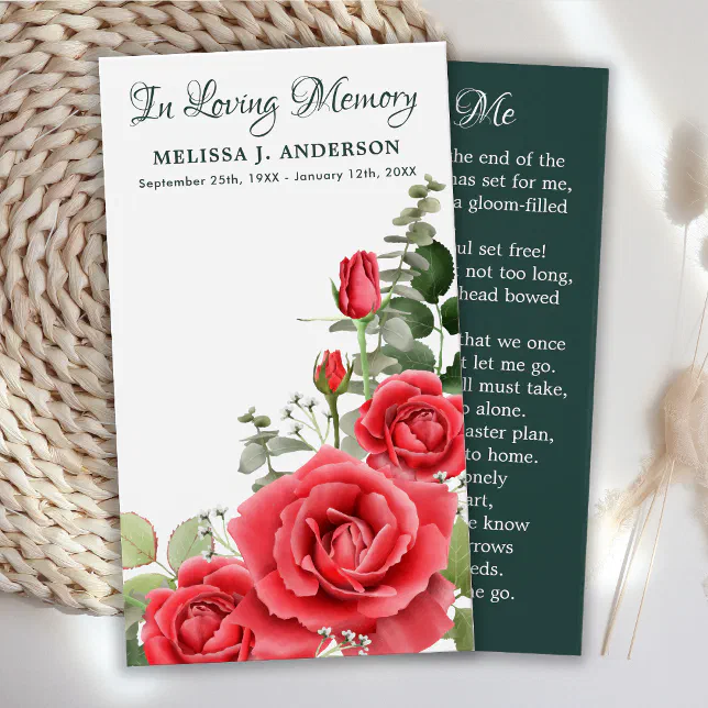 Memorial Floral Red Roses Funeral Prayer Card | Zazzle