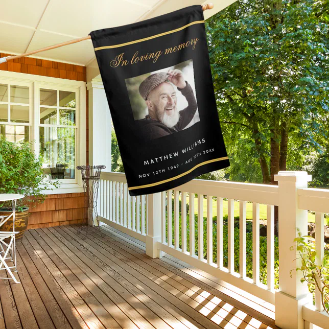Memorial funeral black gold photo house flag | Zazzle