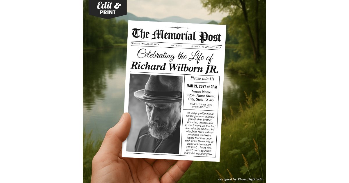 Memorial Funeral Invitation Newspaper Invite | Zazzle