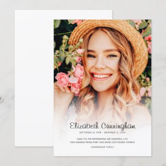 Memorial Funeral Modern Simple Cursive Photo Thank You Card | Zazzle