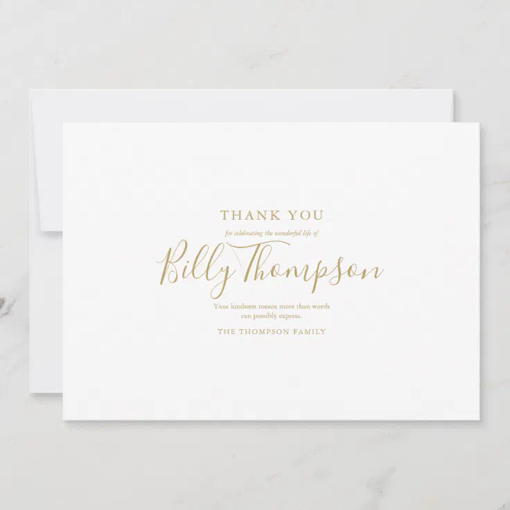 Memorial Funeral Photo Simple Elegant Gold Script Thank You Card | Zazzle