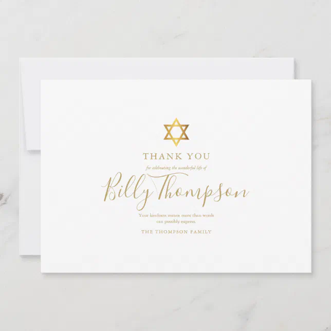 Memorial Funeral PhotoGold Star of David Jewish Thank You Card | Zazzle