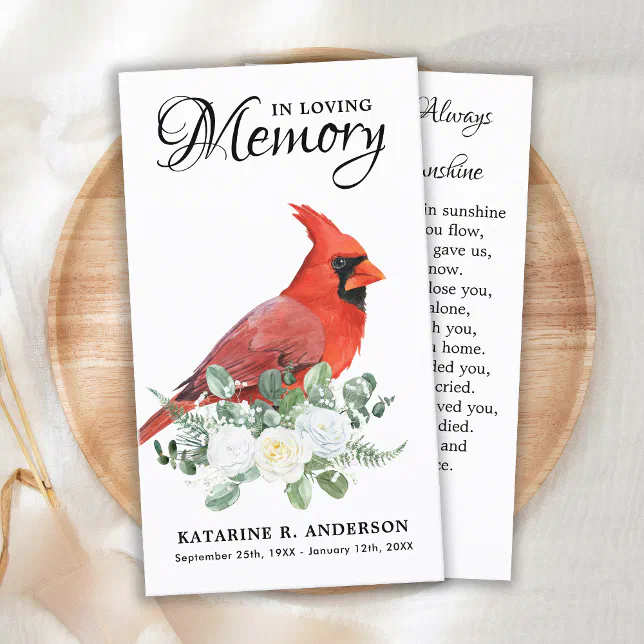 Memorial Funeral Prayer Card Cardinal Floral Roses | Zazzle