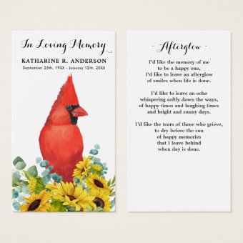Memorial Funeral Prayer Card Cardinal Sunflowers | Zazzle