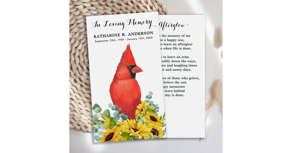 Memorial Funeral Prayer Card Cardinal Sunflowers | Zazzle