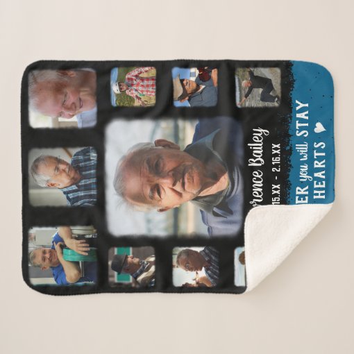 Memorial Keepsake Edge Fade Photo Collage Bk Blue Sherpa Blanket | Zazzle