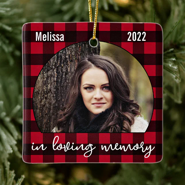 Memorial Keepsake Red Plaid Loving Memory Photo Ceramic Ornament | Zazzle