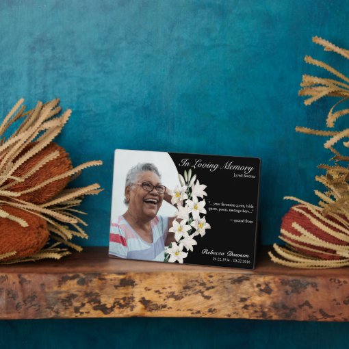 Memorial Lily Floral Keepsake Black Custom Photo Plaque | Zazzle