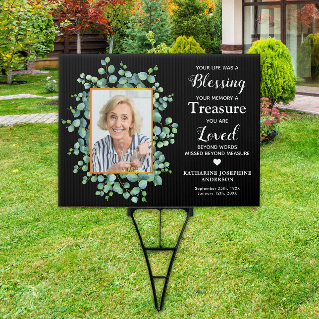 Memorial Modern Greenery Custom 2 Photo Cemetery Sign | Zazzle