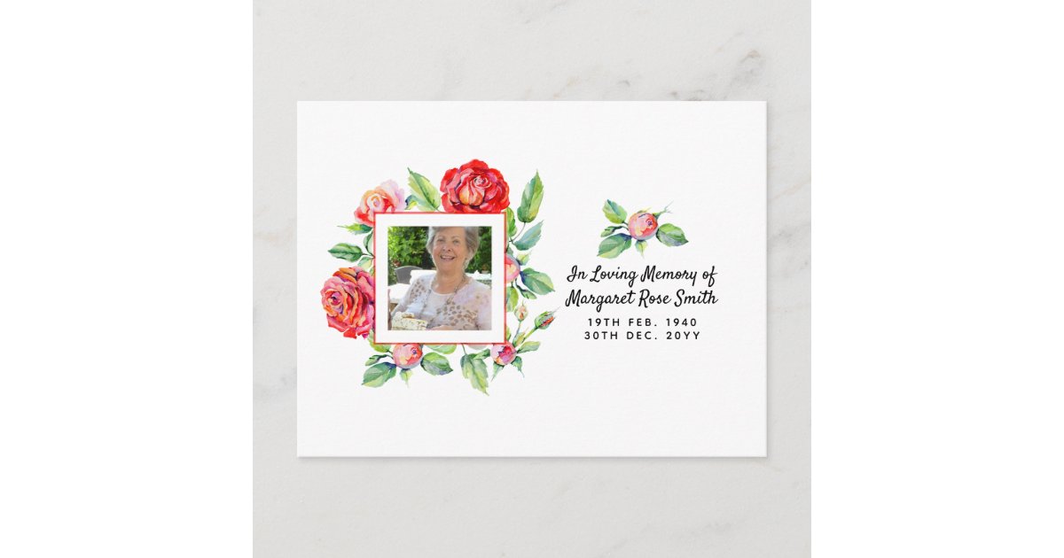 Memorial PHOTO Announcement Bereavement Roses Postcard | Zazzle