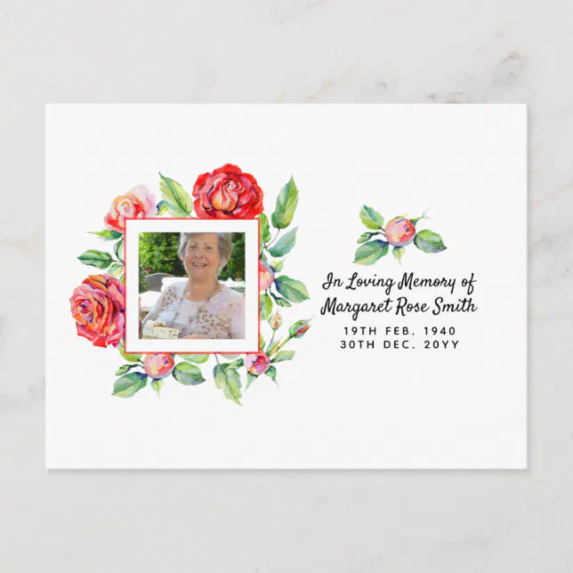 Memorial PHOTO Announcement Bereavement Roses Postcard | Zazzle