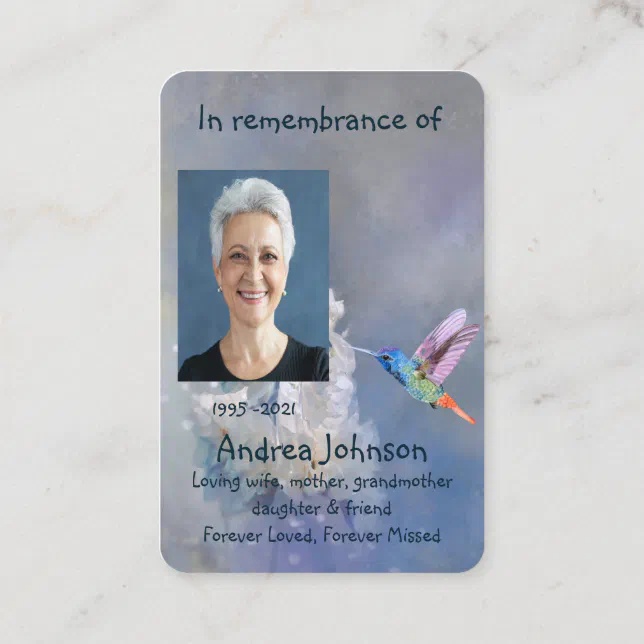 Memorial Photo Prayer Hummingbird White Flowers Business Card | Zazzle