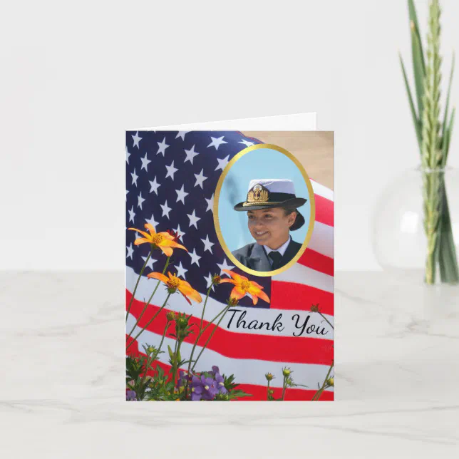 Memorial Photo Thank You Card with Flag | Zazzle