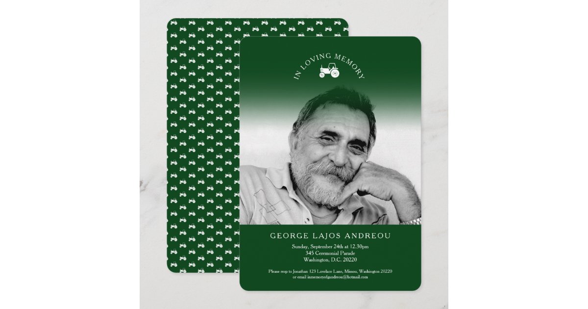 Memorial photo tractor green funeral invitations | Zazzle