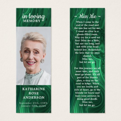 Memorial Poem Emerald Green Photo Funeral Bookmark | Zazzle