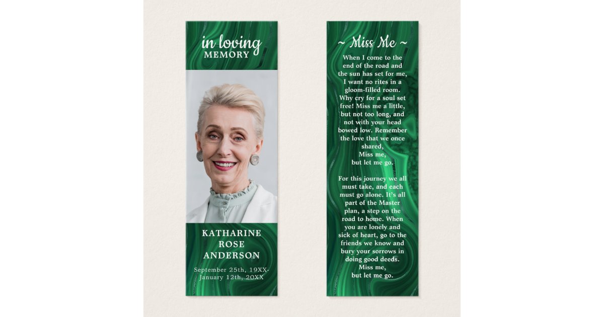Memorial Poem Emerald Green Photo Funeral Bookmark | Zazzle