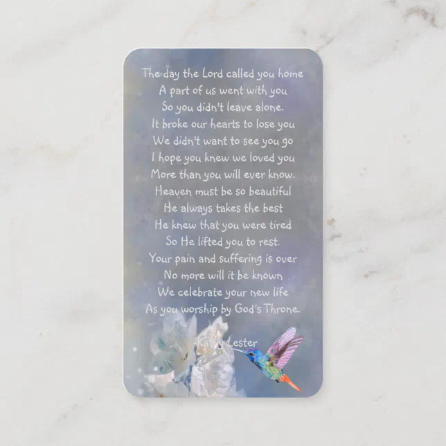 Memorial Prayer Card Hummingbird White Flowers | Zazzle