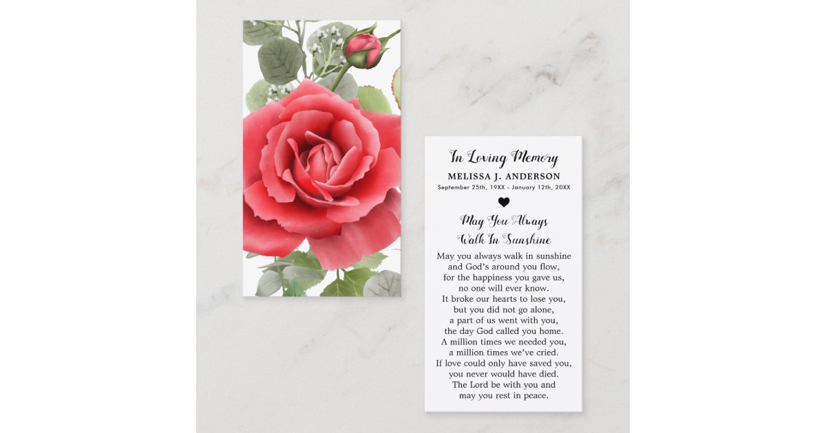 Memorial Red Rose Sympathy Funeral Prayer Card | Zazzle