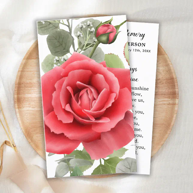 Memorial Red Rose Sympathy Funeral Prayer Card | Zazzle