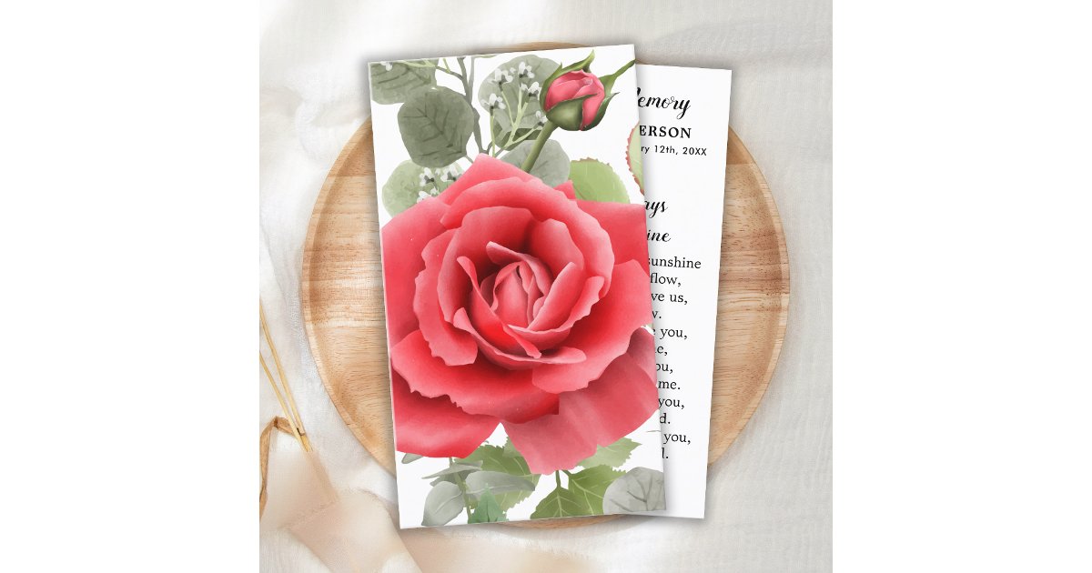 Memorial Red Rose Sympathy Funeral Prayer Card | Zazzle