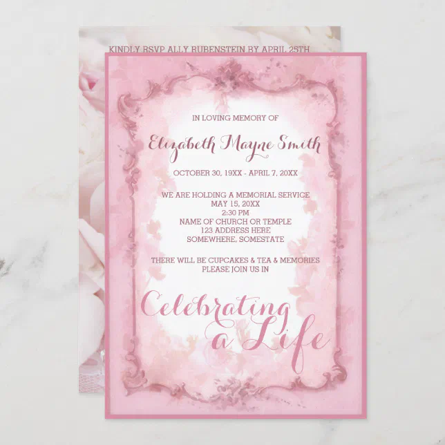 Memorial Service Celebrating a Life Pink Roses Invitation | Zazzle