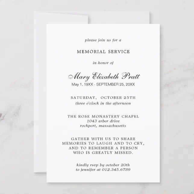 Memorial Service Elegant Black White Funeral Invitation | Zazzle