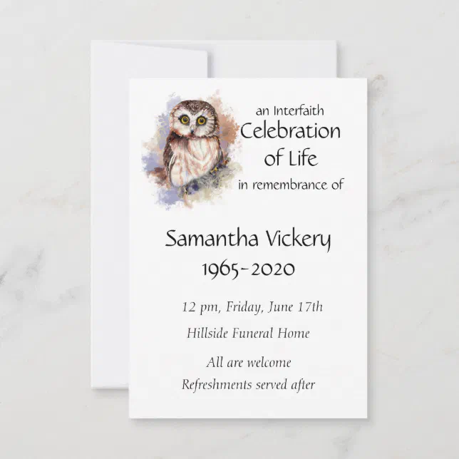 Memorial Service Invite Cute Owl Bird | Zazzle