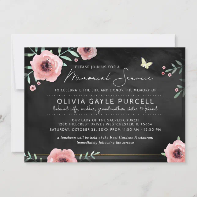 Memorial Service Invite Pink & Black Floral | Zazzle