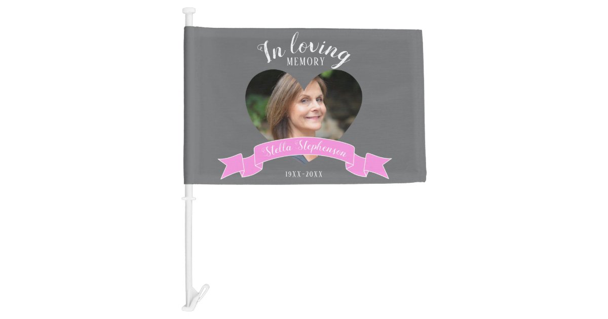 Memorial service photo pink ribbon funeral car flag | Zazzle