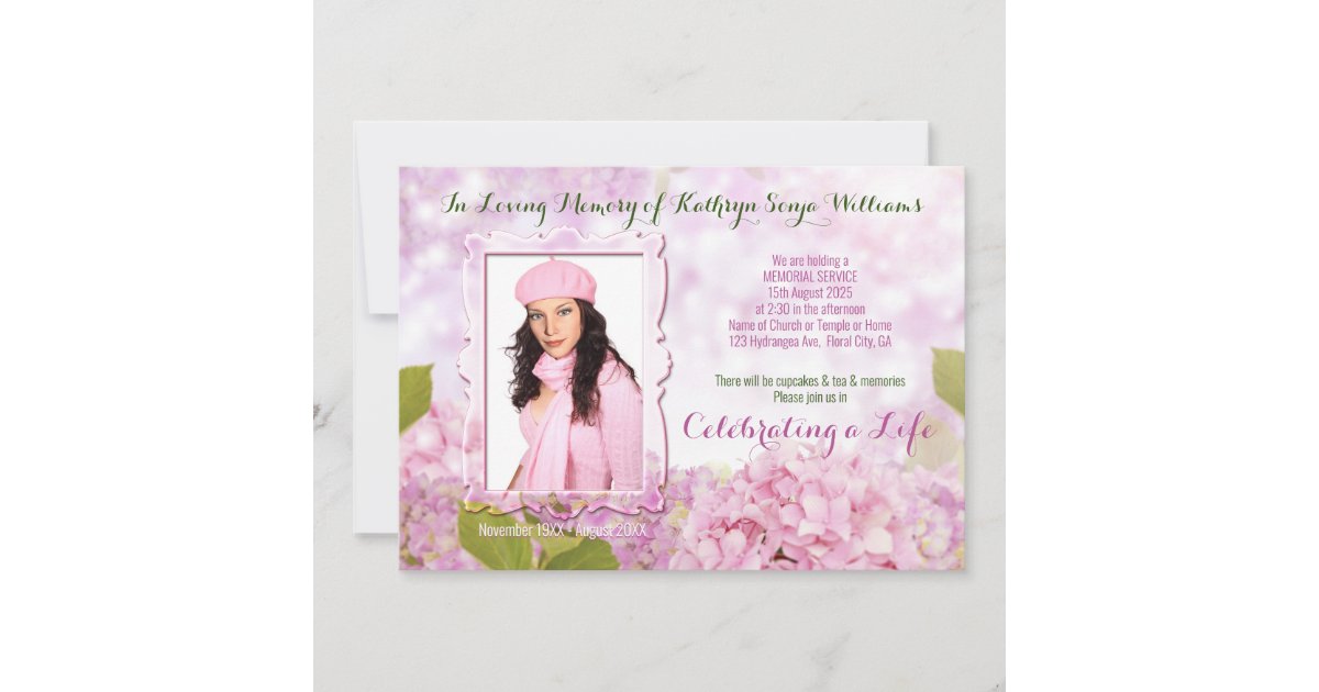 Memorial Service Pink Hydrangea Add Your Photo Invitation | Zazzle