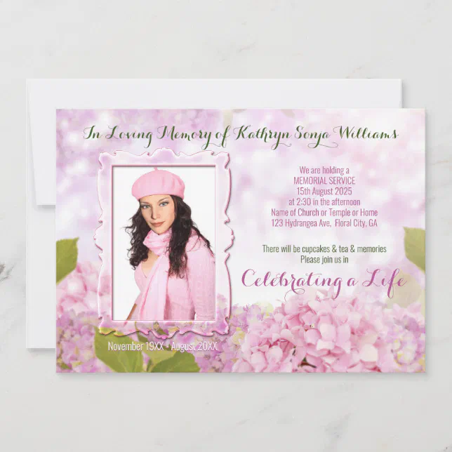 Memorial Service Pink Hydrangea Add Your Photo Invitation | Zazzle