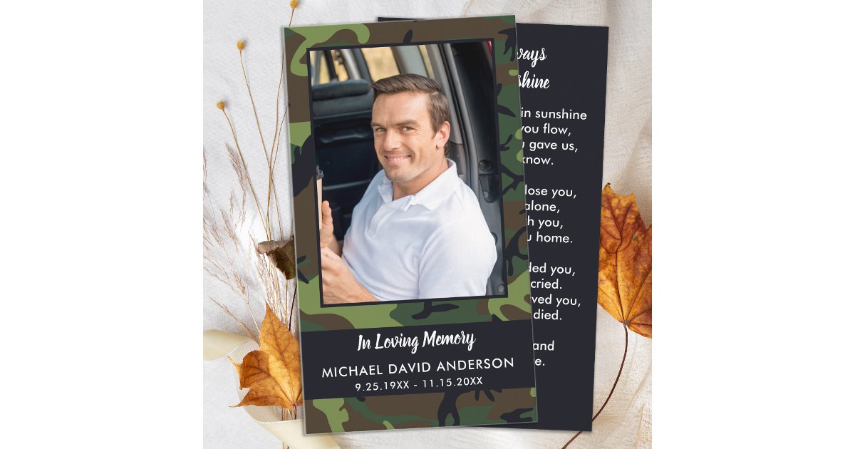Memorial Sympathy Camo Funeral Prayer Card Rustic | Zazzle