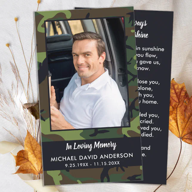 Memorial Sympathy Camo Funeral Prayer Card Rustic | Zazzle