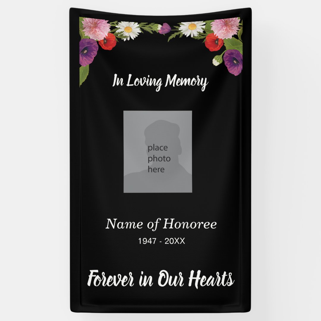 Memorial with floral border and photo banner | Zazzle