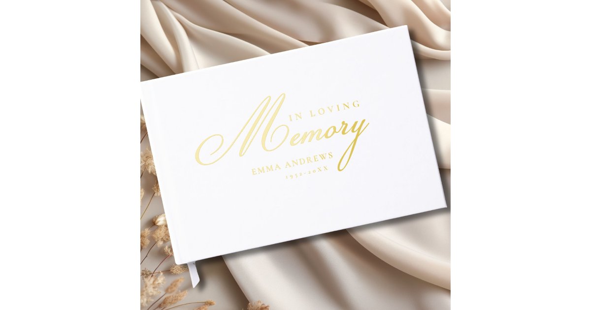 Memory "In Loving memory" Gold-Foil, White Foil Guest Book | Zazzle