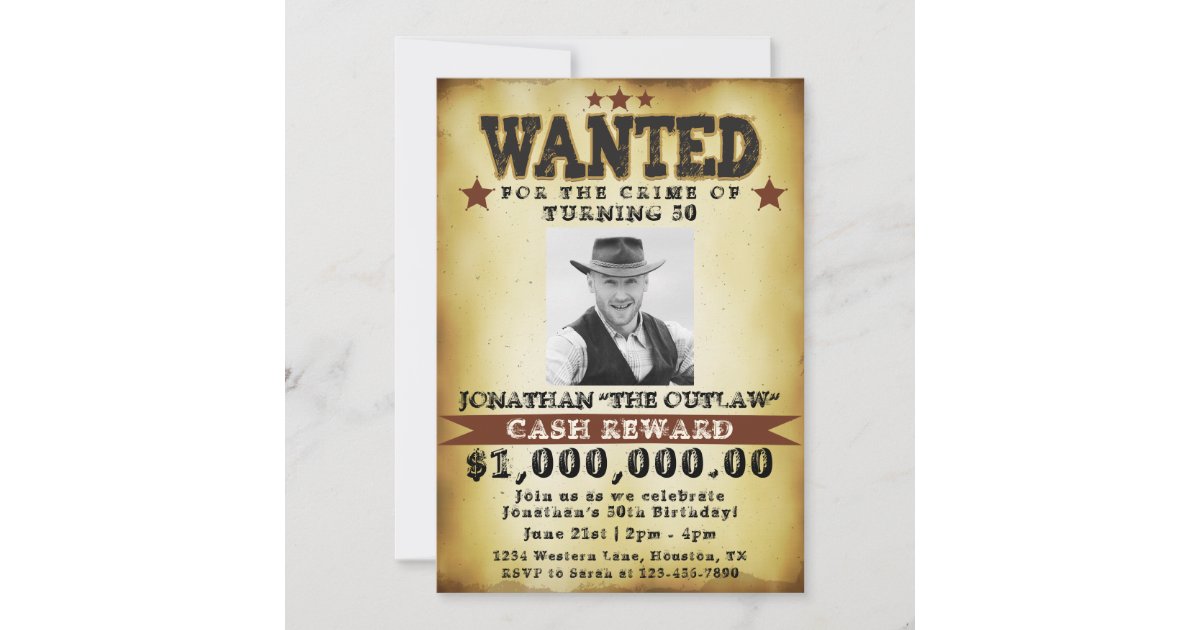 Men 50th Birthday Cowboy Wanted Poster Invitation | Zazzle