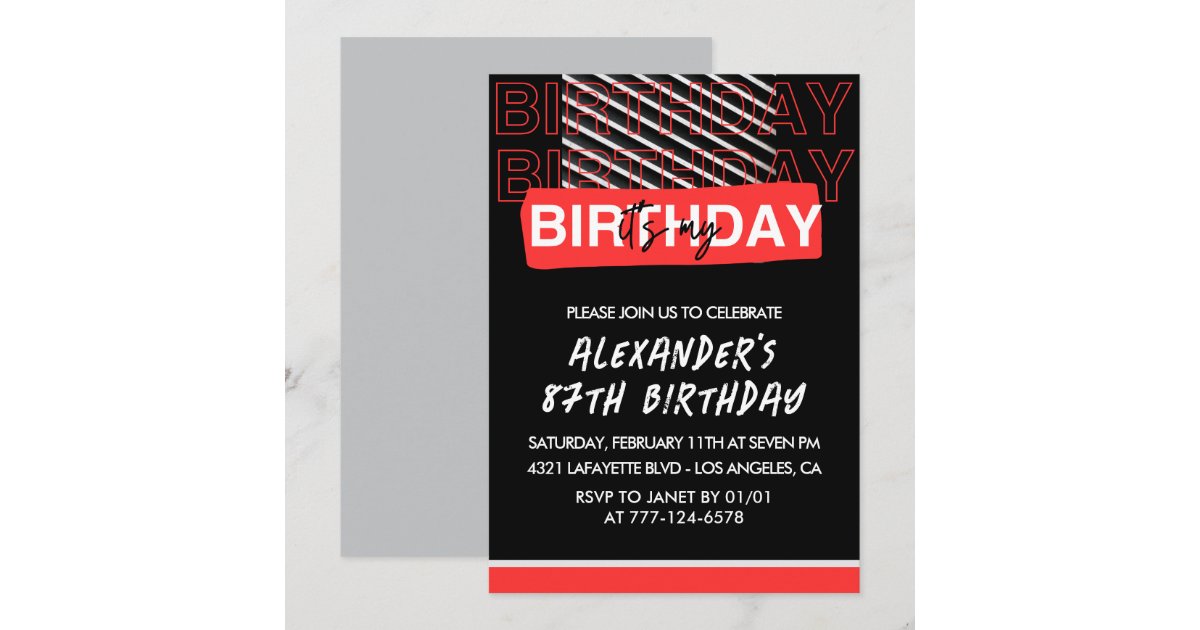 Men 87th birthday Party invitations Black Red | Zazzle