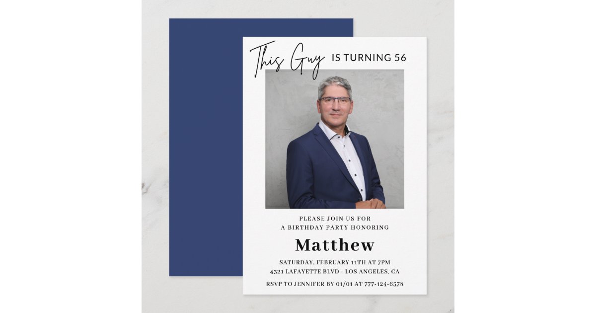 Men Photo 56th birthday invitations Navy blue | Zazzle