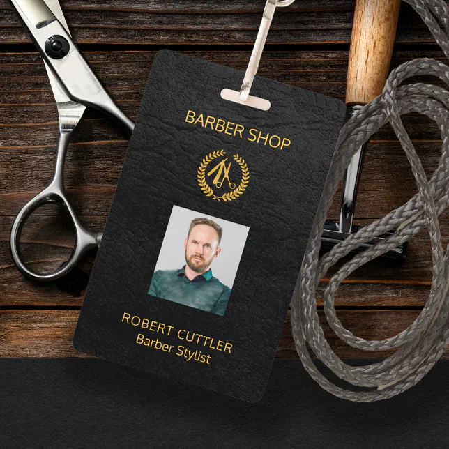 Men salon barber personalized employee photo id badge | Zazzle