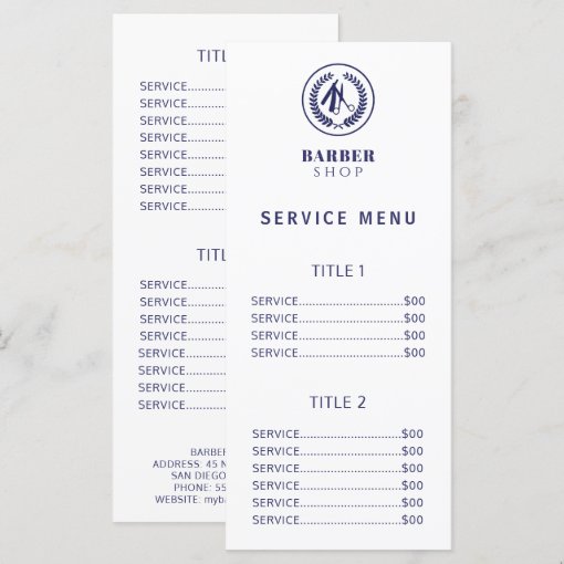 Men salon simple navy and white price service menu | Zazzle
